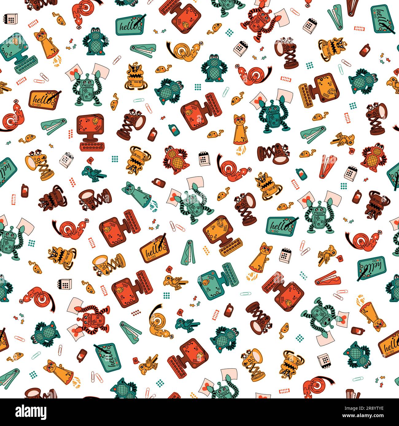 Cute, Simple, Happy and Colorful Robots in green, orange, yellow and ...