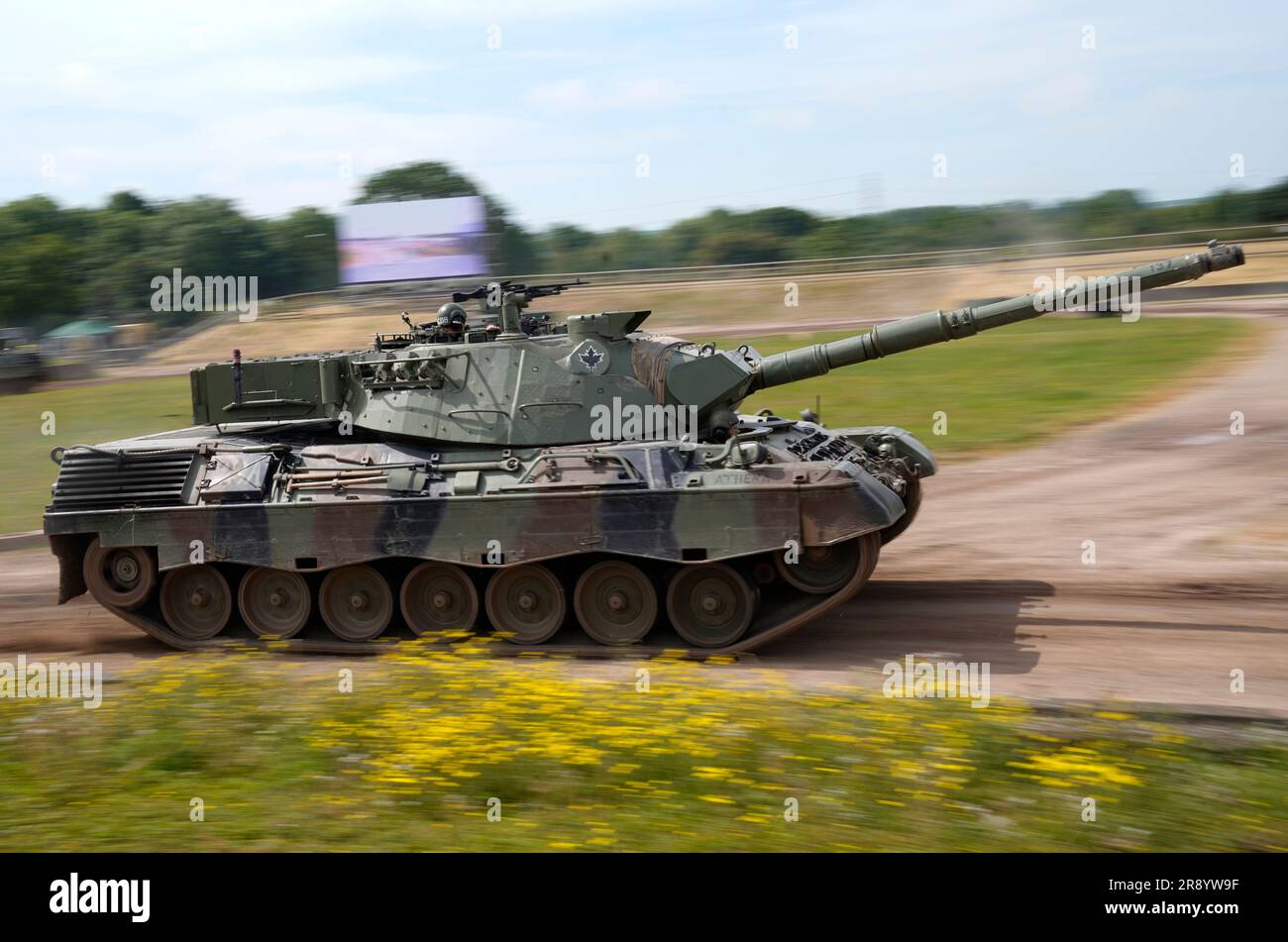 A Leopard tank is driven around the Kuwait Arena during day one of ...