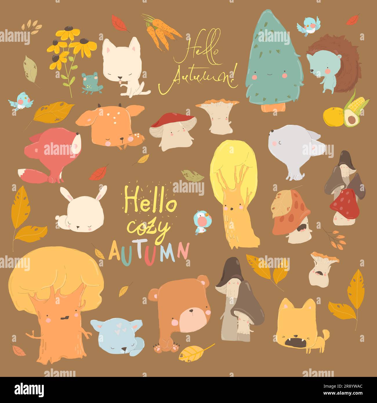 Cartoon Autumn Set with Woodland Animals and Trees Stock Vector Image ...