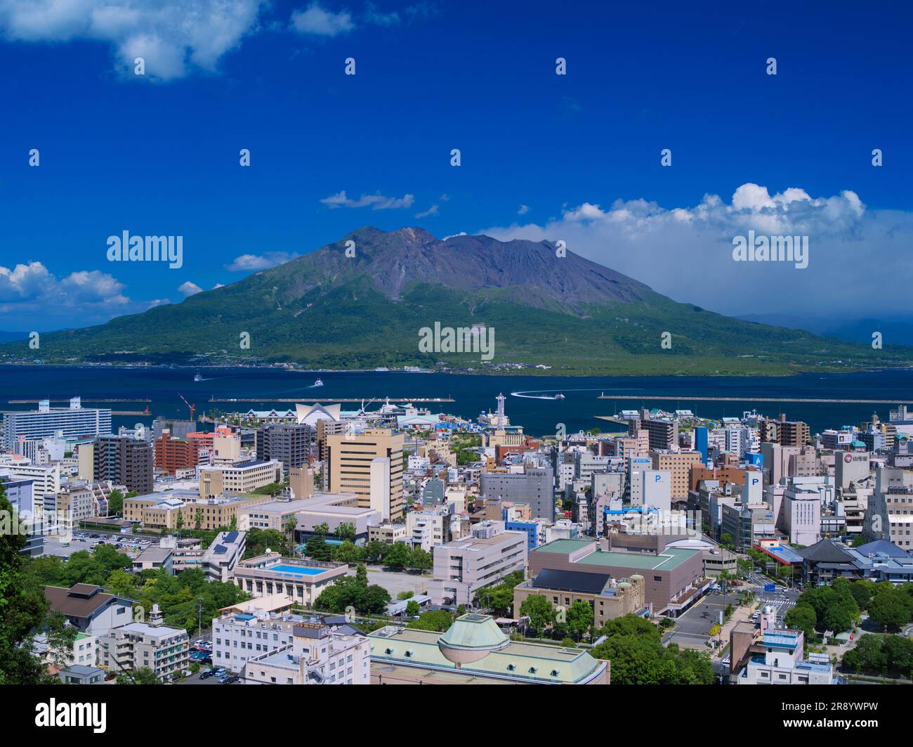 view of Kagoshima city and Sakurajima Island from Mt Shiroyama Stock ...