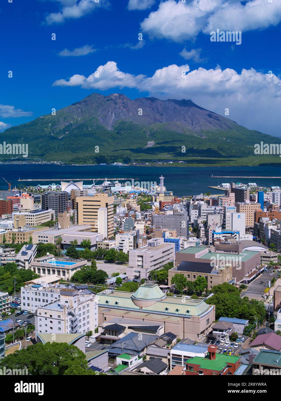 view of Kagoshima city and Sakurajima Island from Mt Shiroyama Stock ...