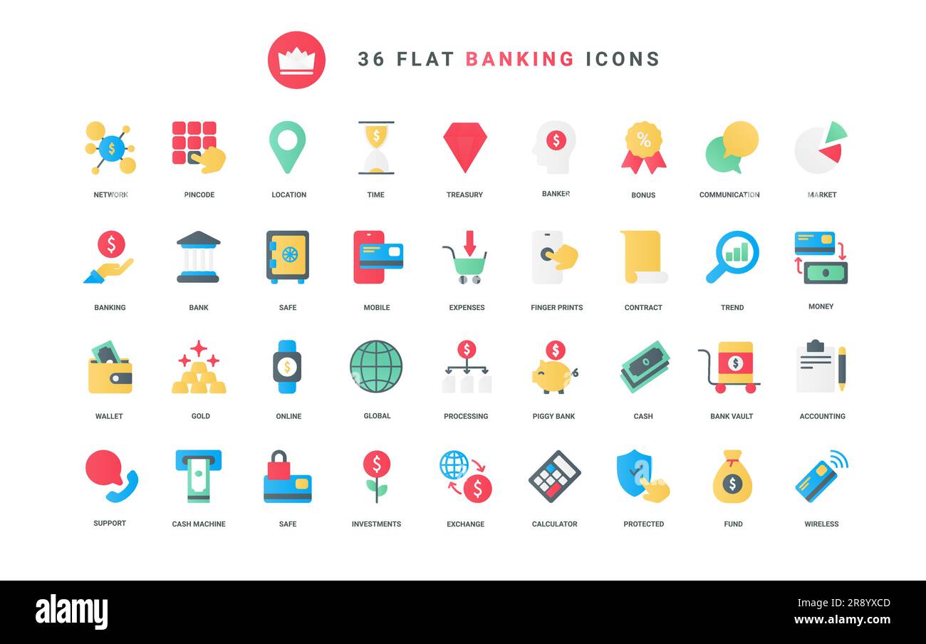 Trendy flat color icons for finance, bank accounting business analysis ...
