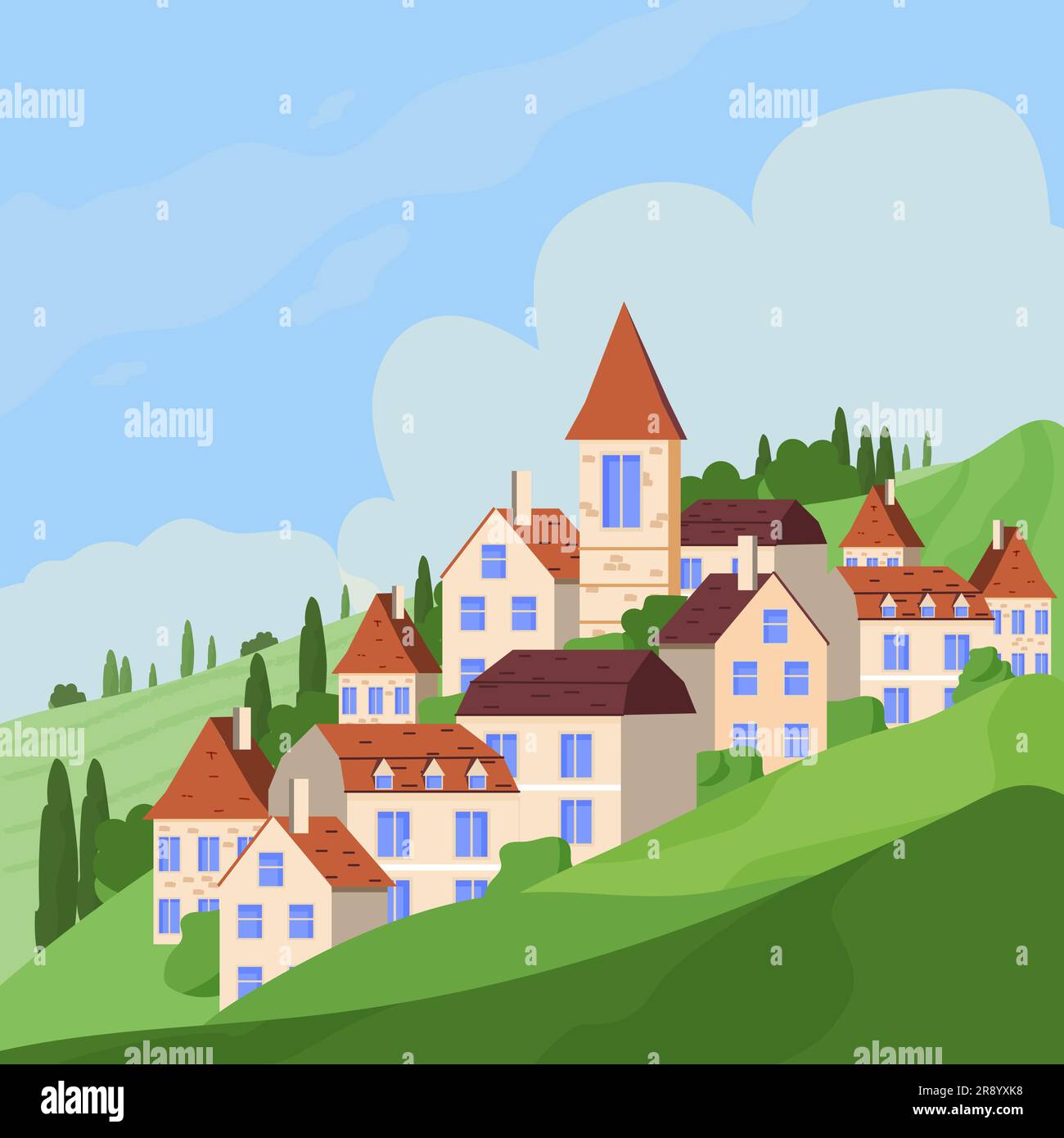 Panoramic Vector illustration of rural countryside with European houses ...