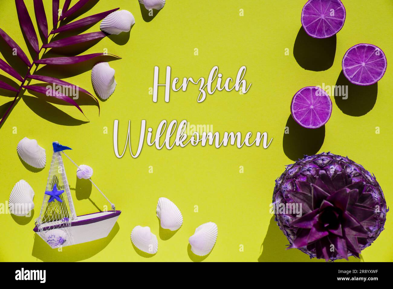 Flat Lay With German Text Herzlich Willkommen Means Welcome. Yellow ...