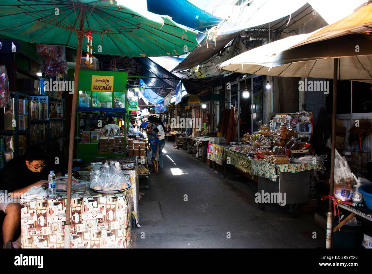 Hawker greengrocery stall in San Chao Rong Thong traditional street ...