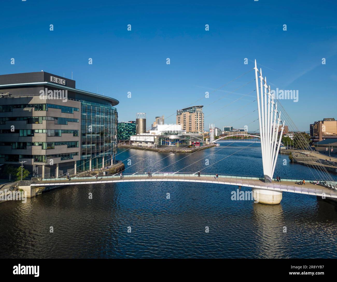 Aerial view BBC Quay House and Media City Footbridge, Salford Quays ...