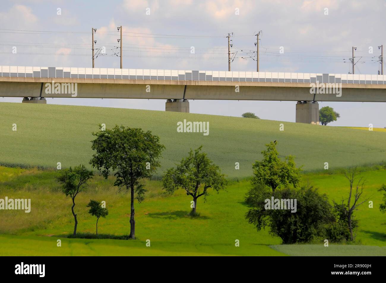 ICE, high-speed railway line in Kraichgau near Bretten, railway bridge ...