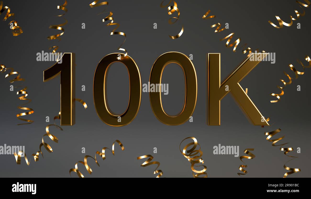 Golden 100k followers symbol with confetti for celebration 3d rendering ...