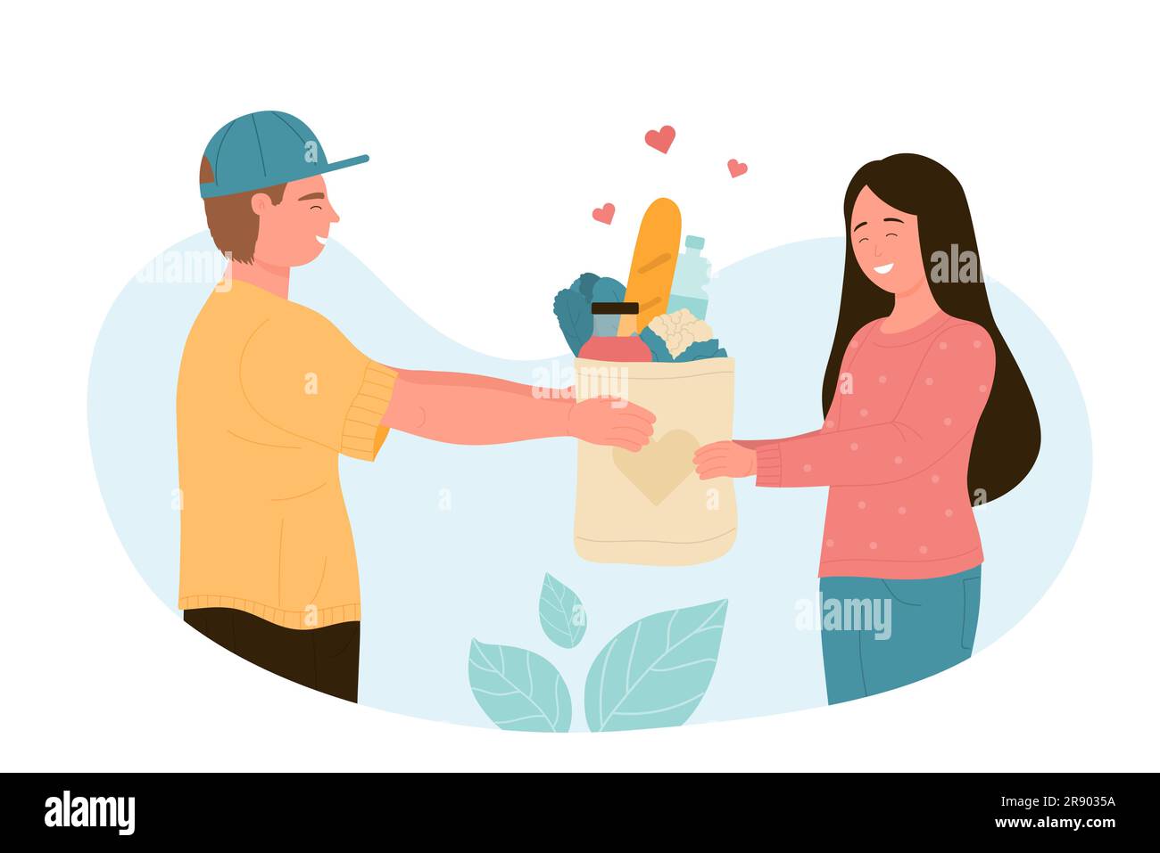 Volunteer giving paper bag with food to woman. Charity support ...