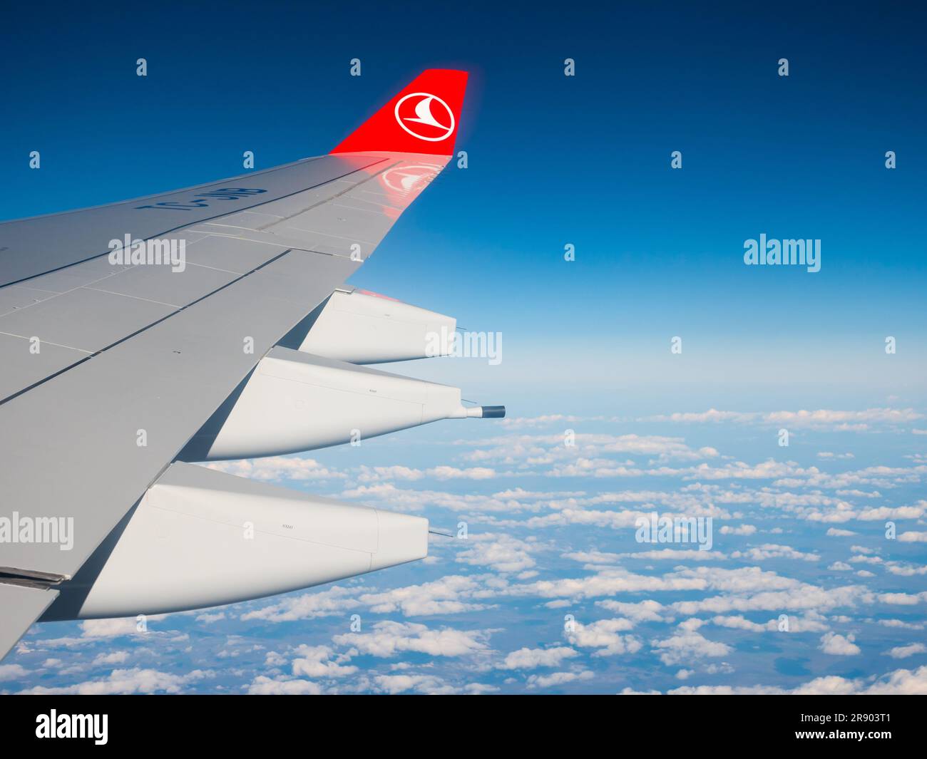 TURKEY - JANUARY 15, 2021: the view is wing of a Turkish airline plane ...