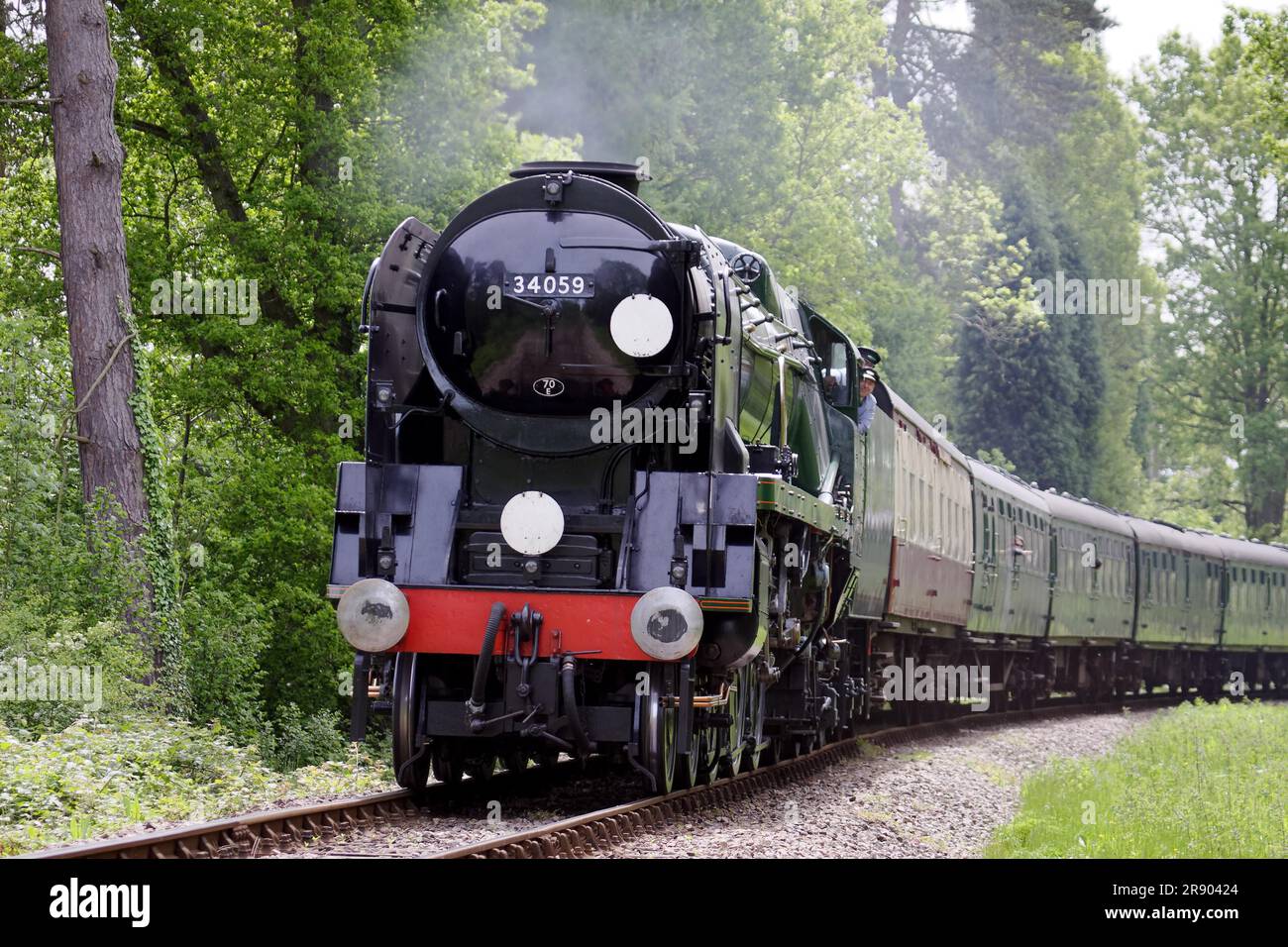 Rebuilt Bulleid Light Pacific No. 34059 steam locomotive near Kingscote ...