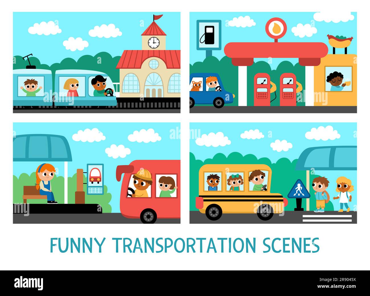 Vector transportation scenes set. Cute kids driving different transport ...