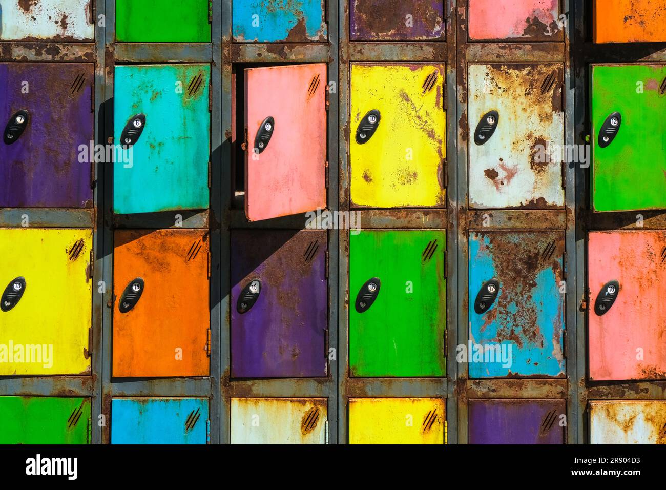 Colourful rusty locker doors at Towan Beach in Newquay in Cornwall in ...