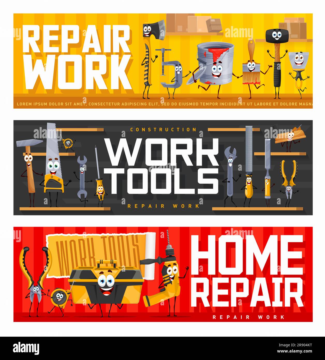 Cartoon repair DIY work tool characters, construction or handyman ...