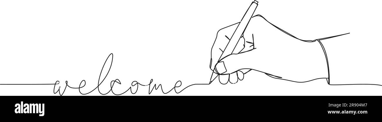 continuous single line drawing of hand with pen writing word WELCOME ...