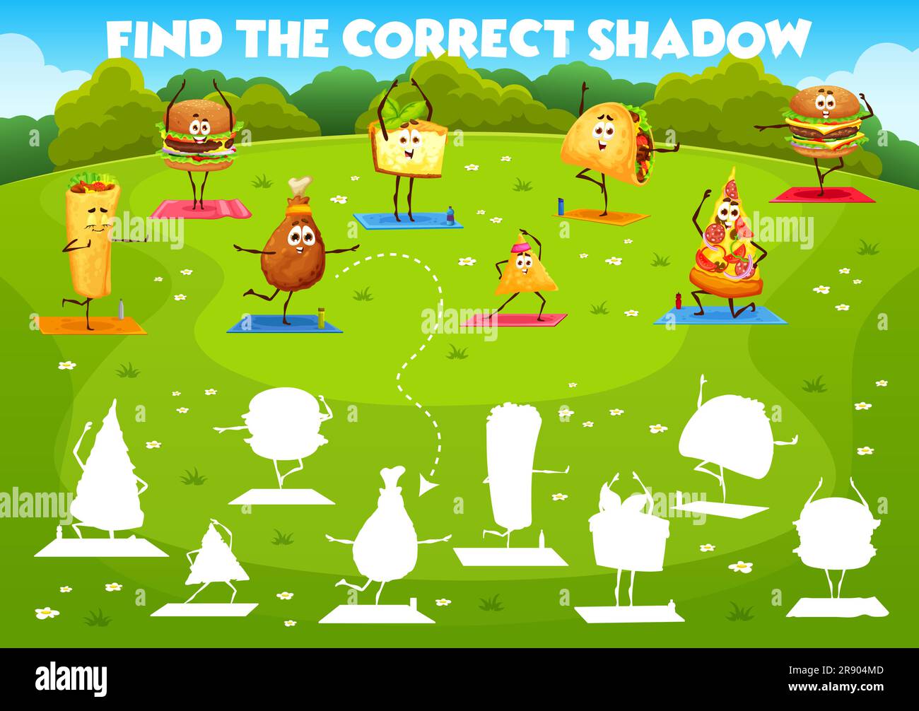 Find correct shadow, cartoon fast food characters on yoga, vector game ...