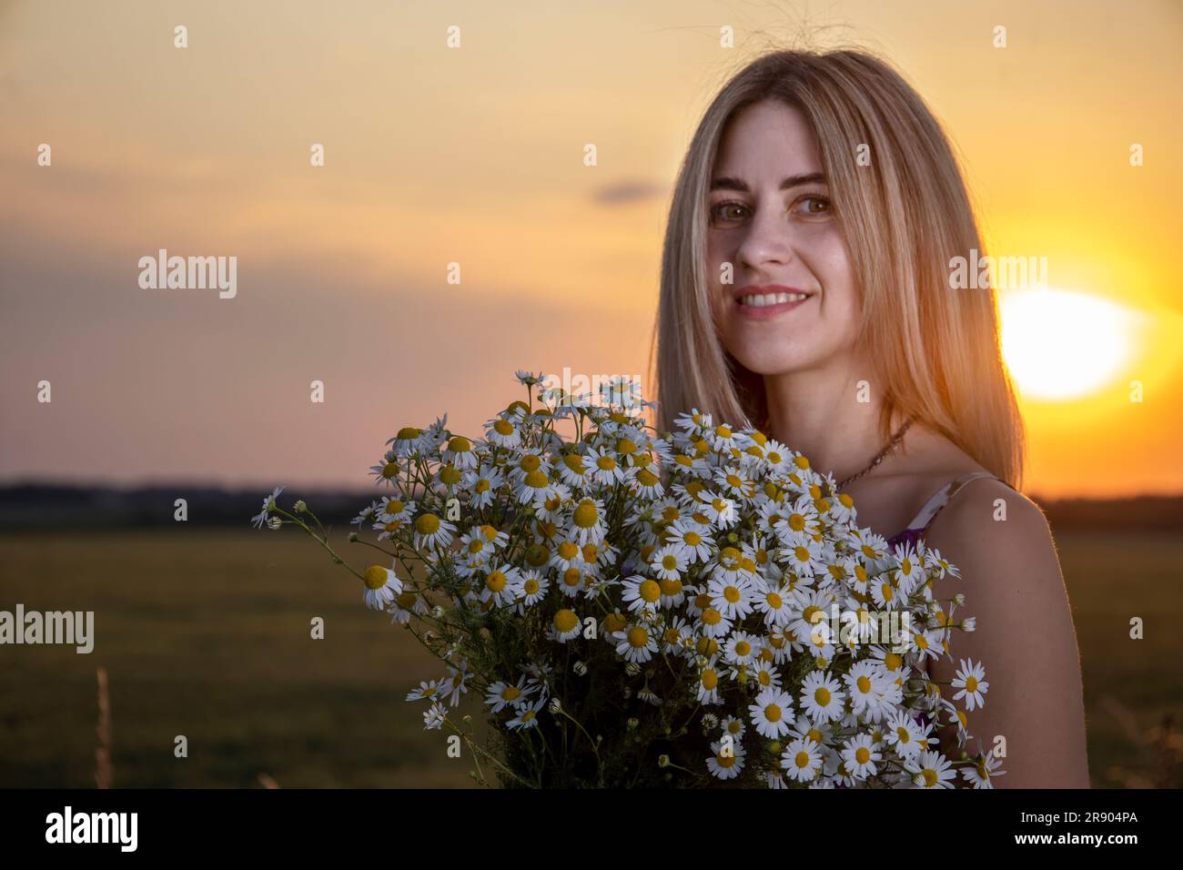 Beautiful girl with daisies on the background of the sunset Stock Photo ...
