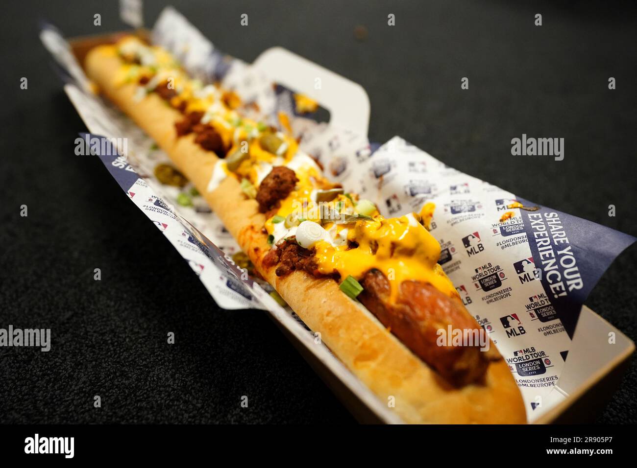 A 2-foot hot dog being sold at the London Stadium during a workout day ...