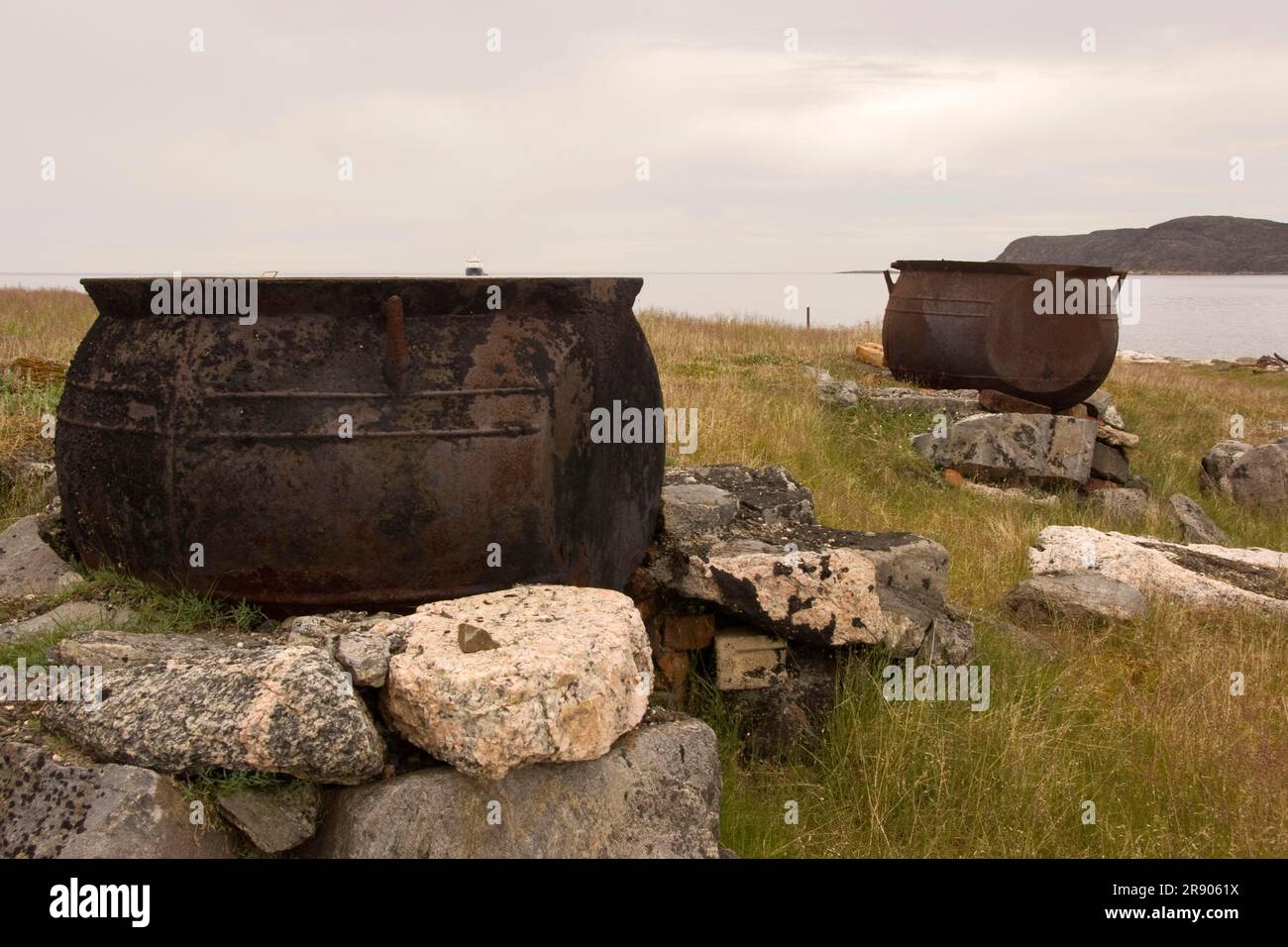 Rusted iron pots for cooking whale fat, former whaling station ...
