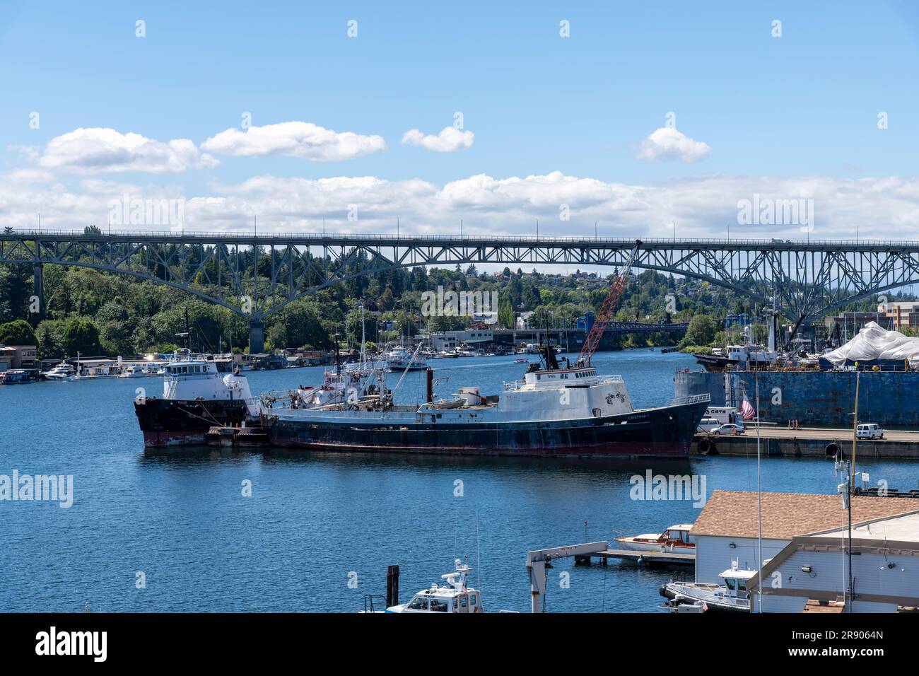 Seattle, WA, USA-July 2022; High level view over Union Lake towards the ...