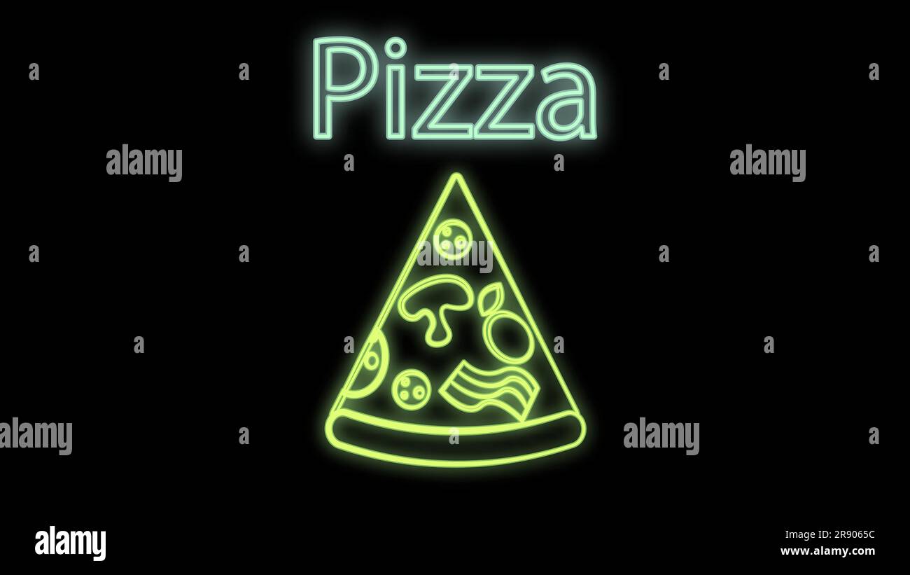 slice of pizza on a black background, vector illustration, neon. neon ...