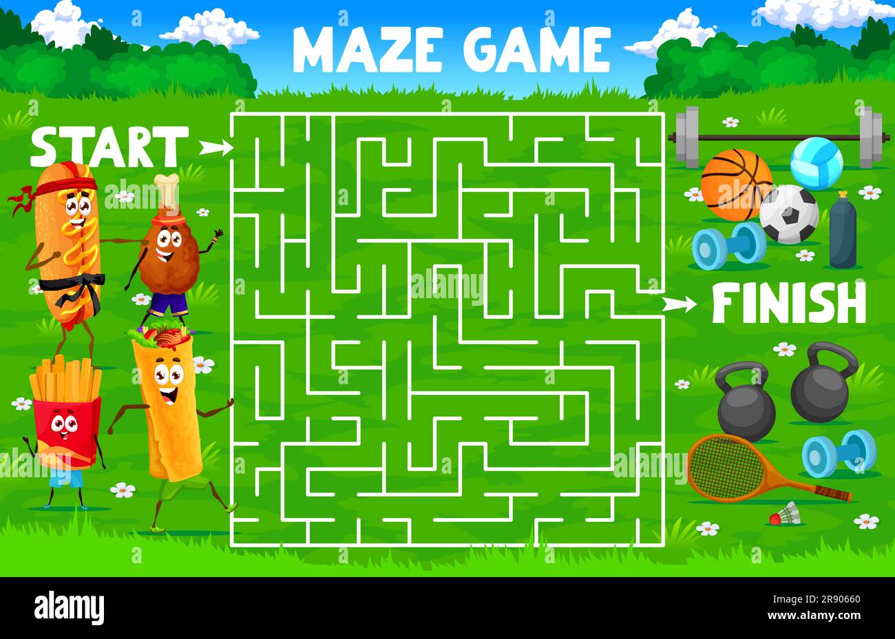 Labyrinth maze game. Help to cartoon fast food characters to find sport ...