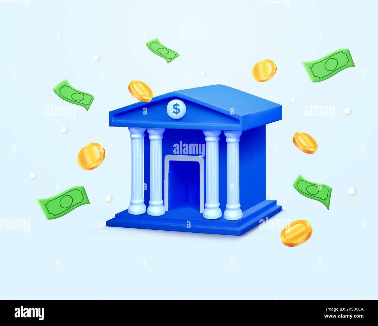 3d bank or financial building with floating dollars and coins, isolated ...