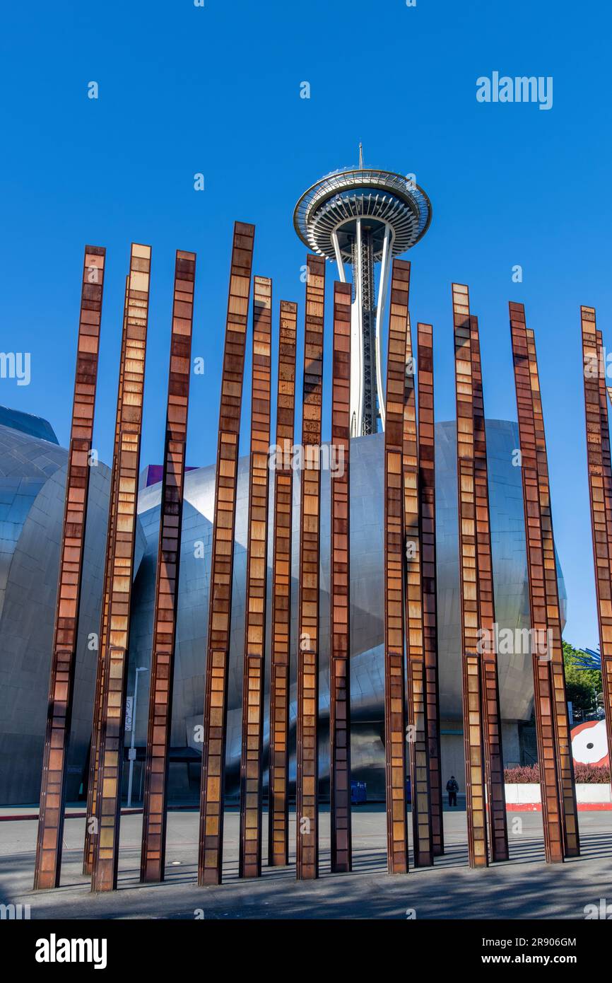 Seattle, WA, USA-July 2022; Low angle vertical view of wall of steel ...