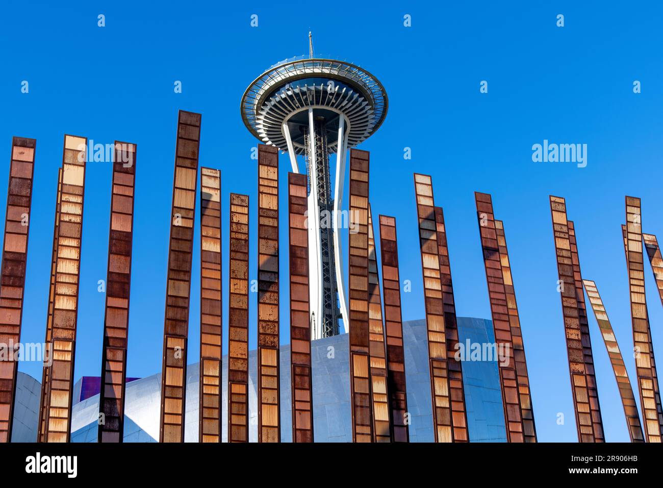 Seattle, WA, USA-July 2022; Low angle view of wall of steel blades ...