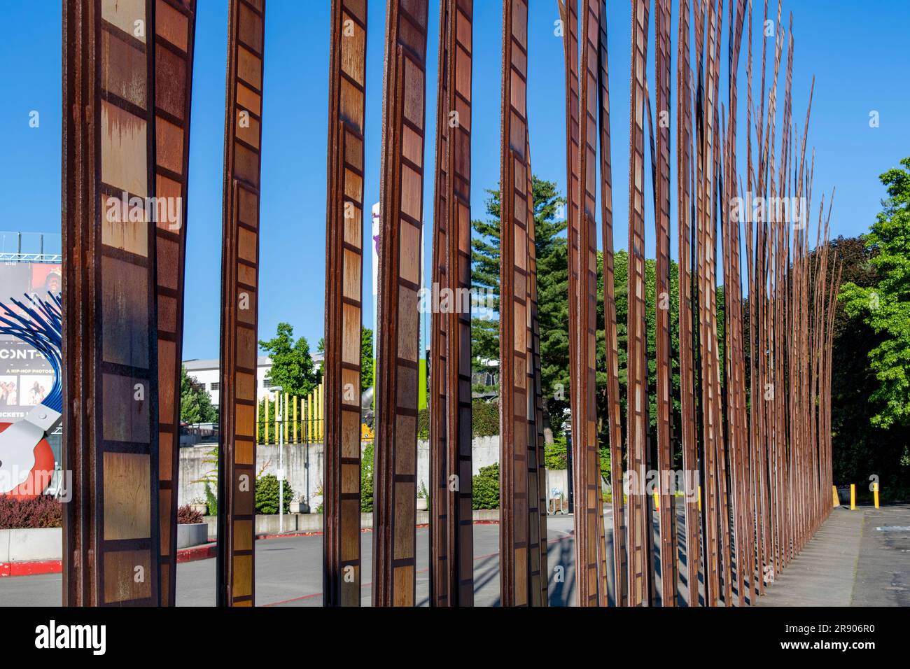 Seattle, WA, USA-July 2022; Low angle view of wall of steel blades ...