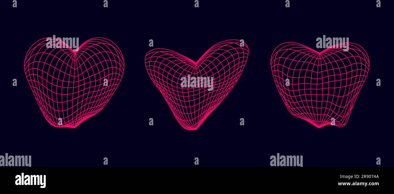 Distorted neon pink wireframe heart shapes set. Wrap grid design ... Distorted neon pink wireframe heart shapes set. Wrap grid design ...