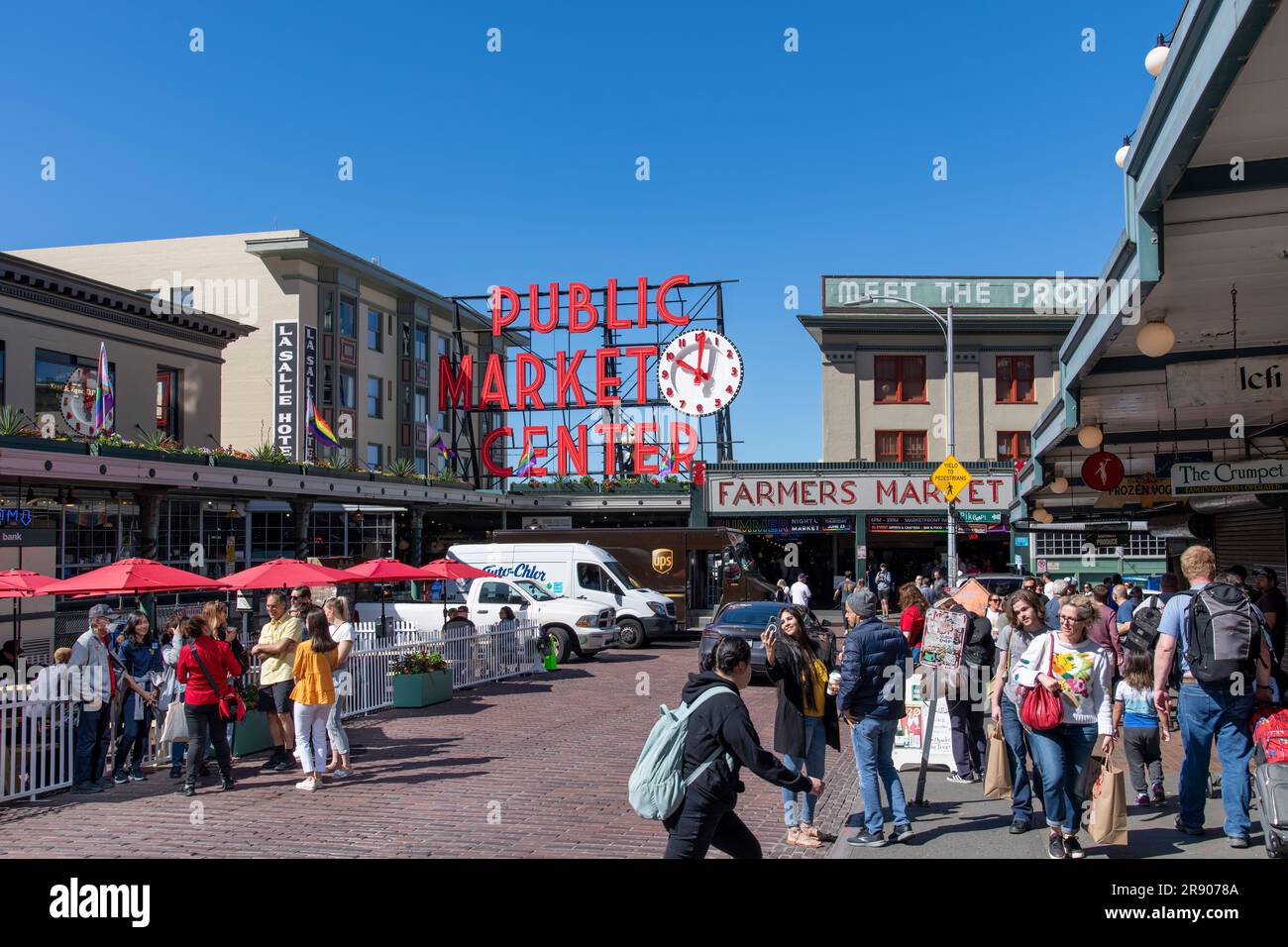 Seattle, WA, USA-July 2022; View of entrance with neon letter signage ...