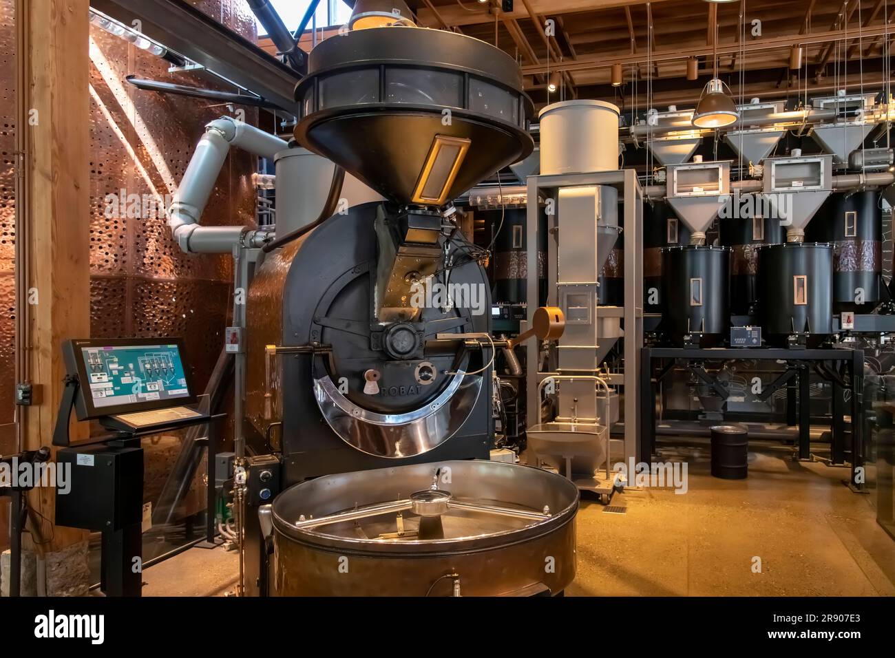 Seattle, WA, USA-July 2022; Interior view of coffee roasting equipment ...