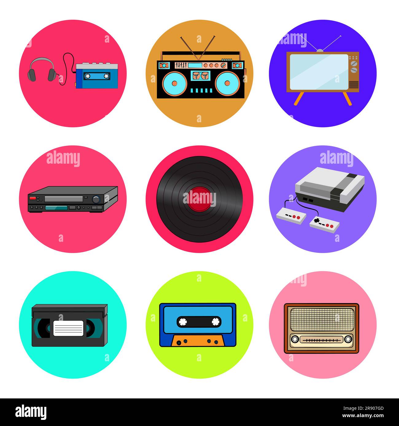 Set of trendy retro old cool hipster vintage round icons from 70s, 80s ...