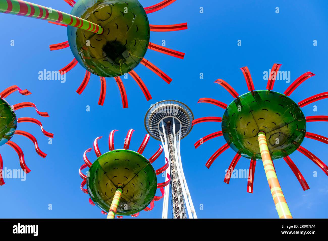Seattle, WA, USA-July 2022; Low angle view of Space Needle between ...