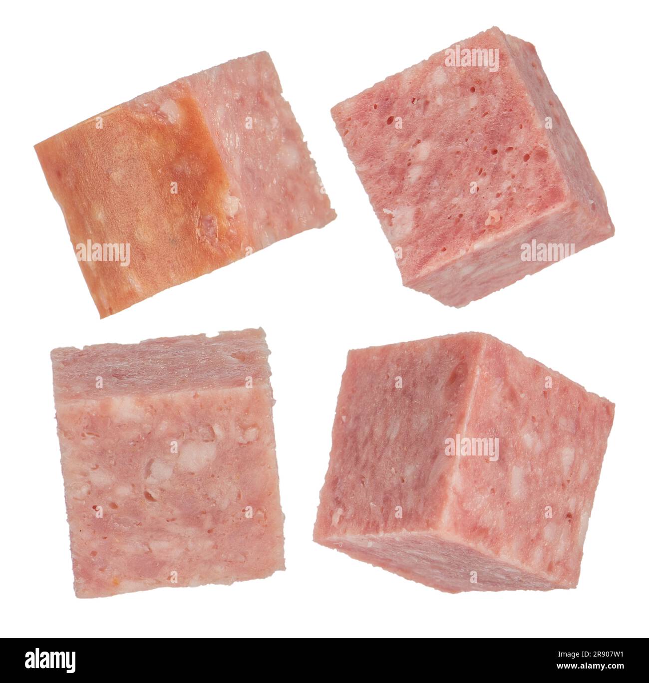 Smoked sausage isolate cut into squares. Salami sausage cubes on a ...