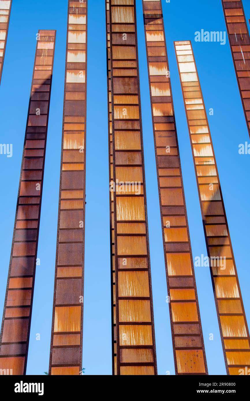 Seattle, WA, USA-July 2022; Low angle vertical view of wall of steel ...