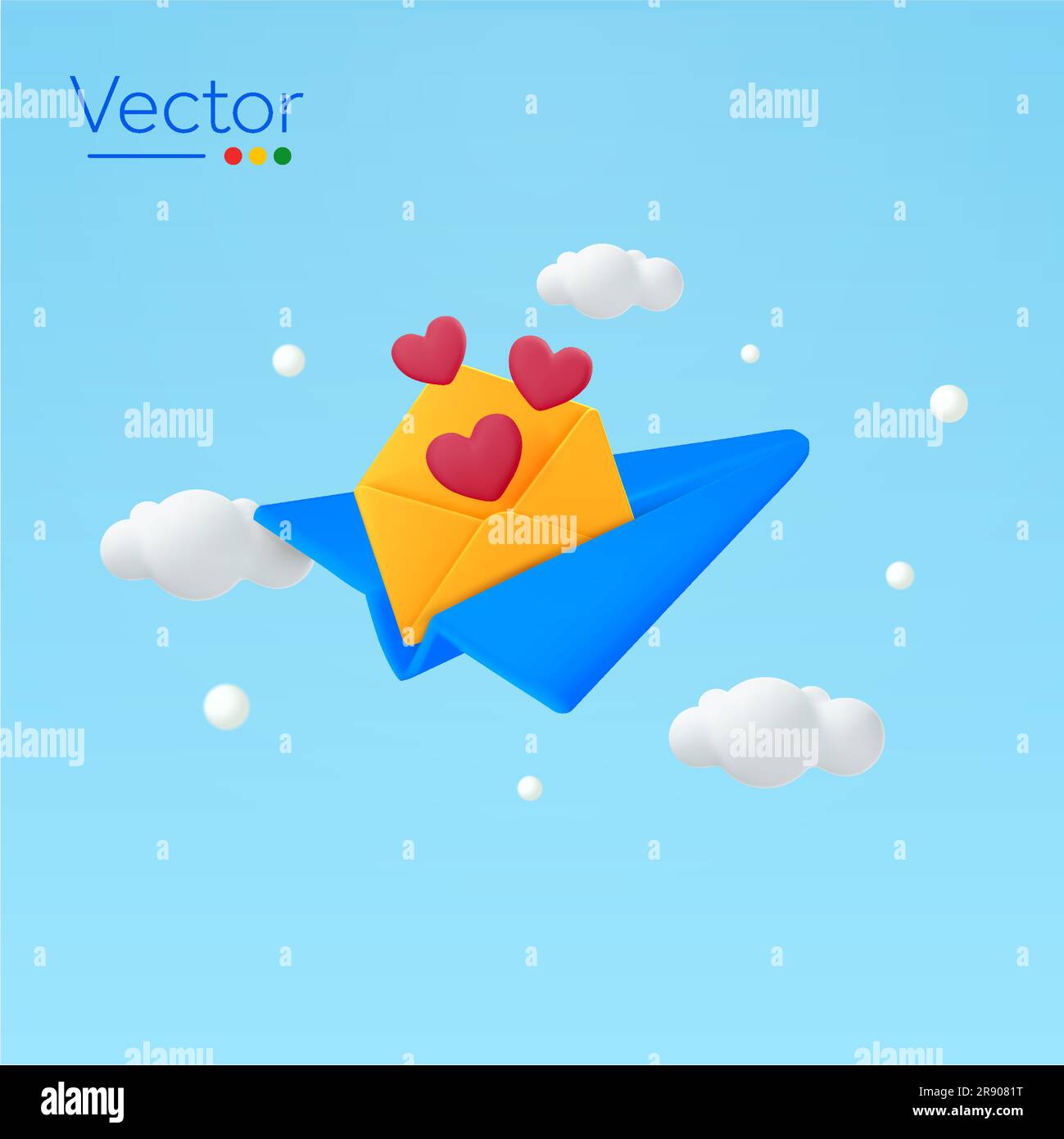 3d paper plane with envelope and heart icons, clouds, isolated on ...