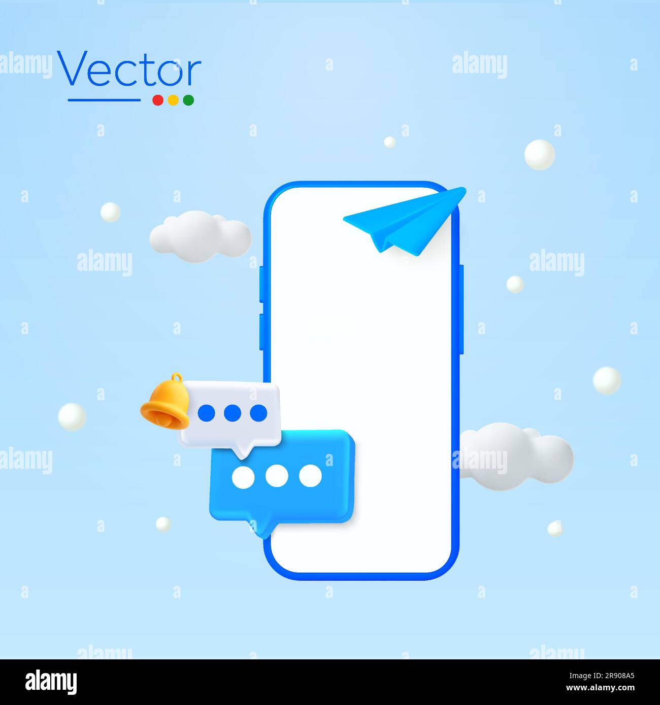 3d smartphone with message box, notification bell, paper plane, clouds ...