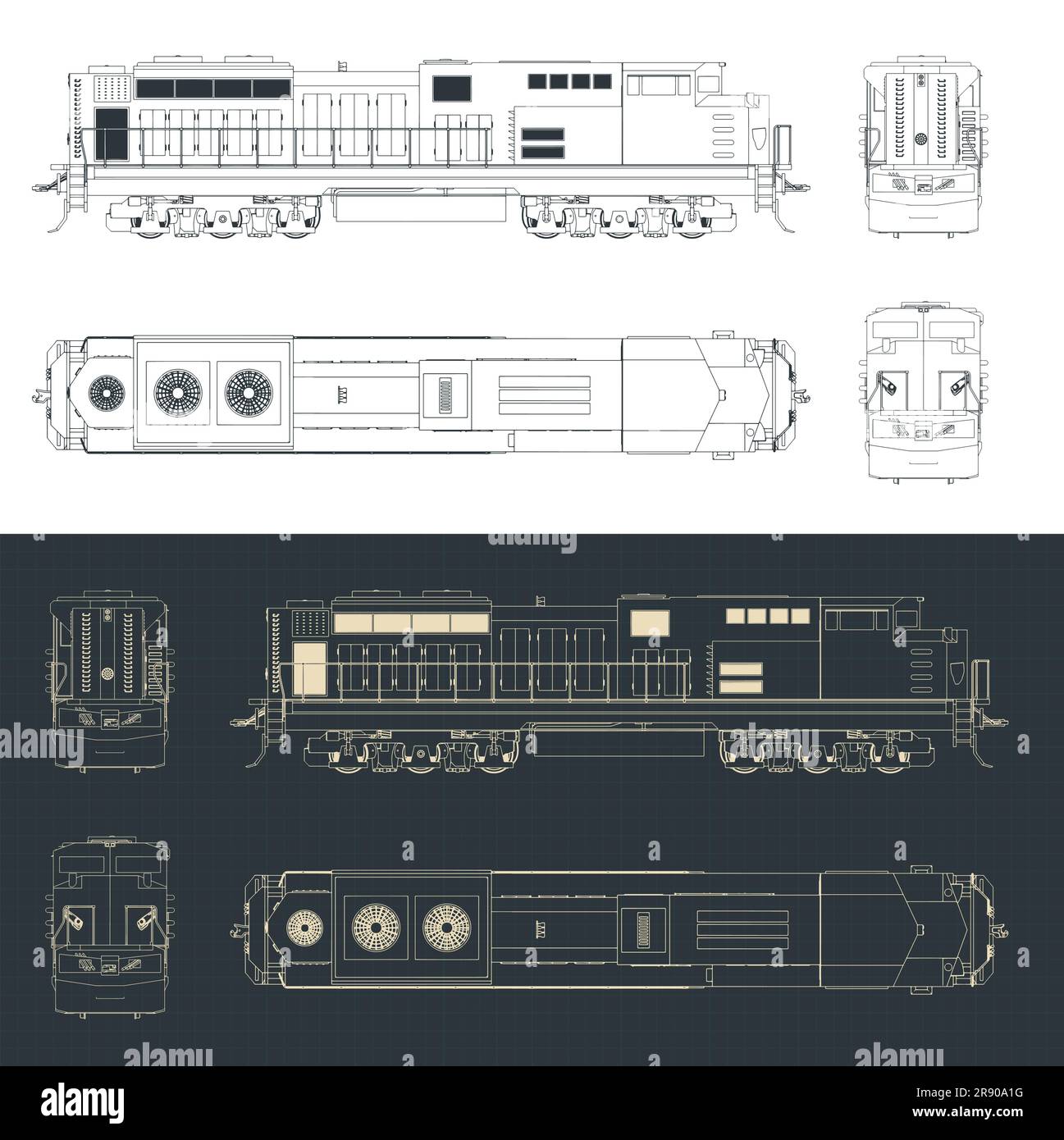 Stylized vector illustrations of blueprints of locomotive Stock Vector Image & Art - Alamy