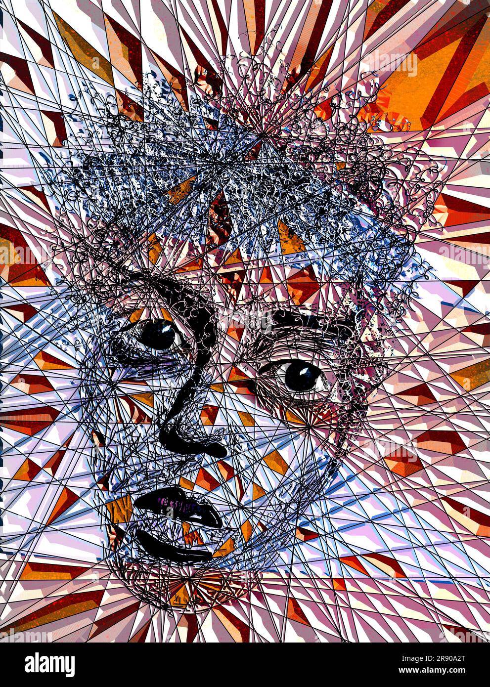 A drawing of a girl’s face is textured deeply in a 3-d illustation that ...