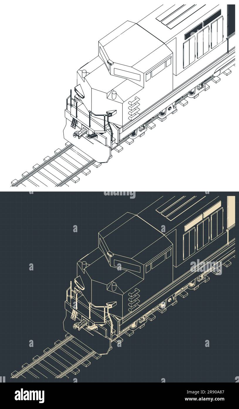 Stylized vector illustrations of isometric blueprints of diesel ...