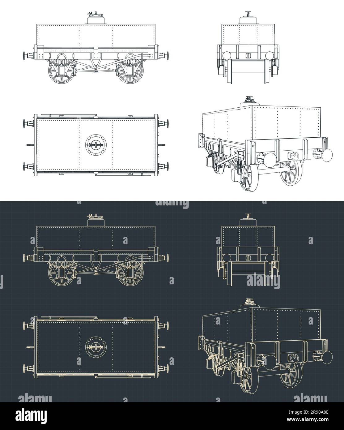 Stylized vector illustrations of blueprints of rectangular tar tank ...