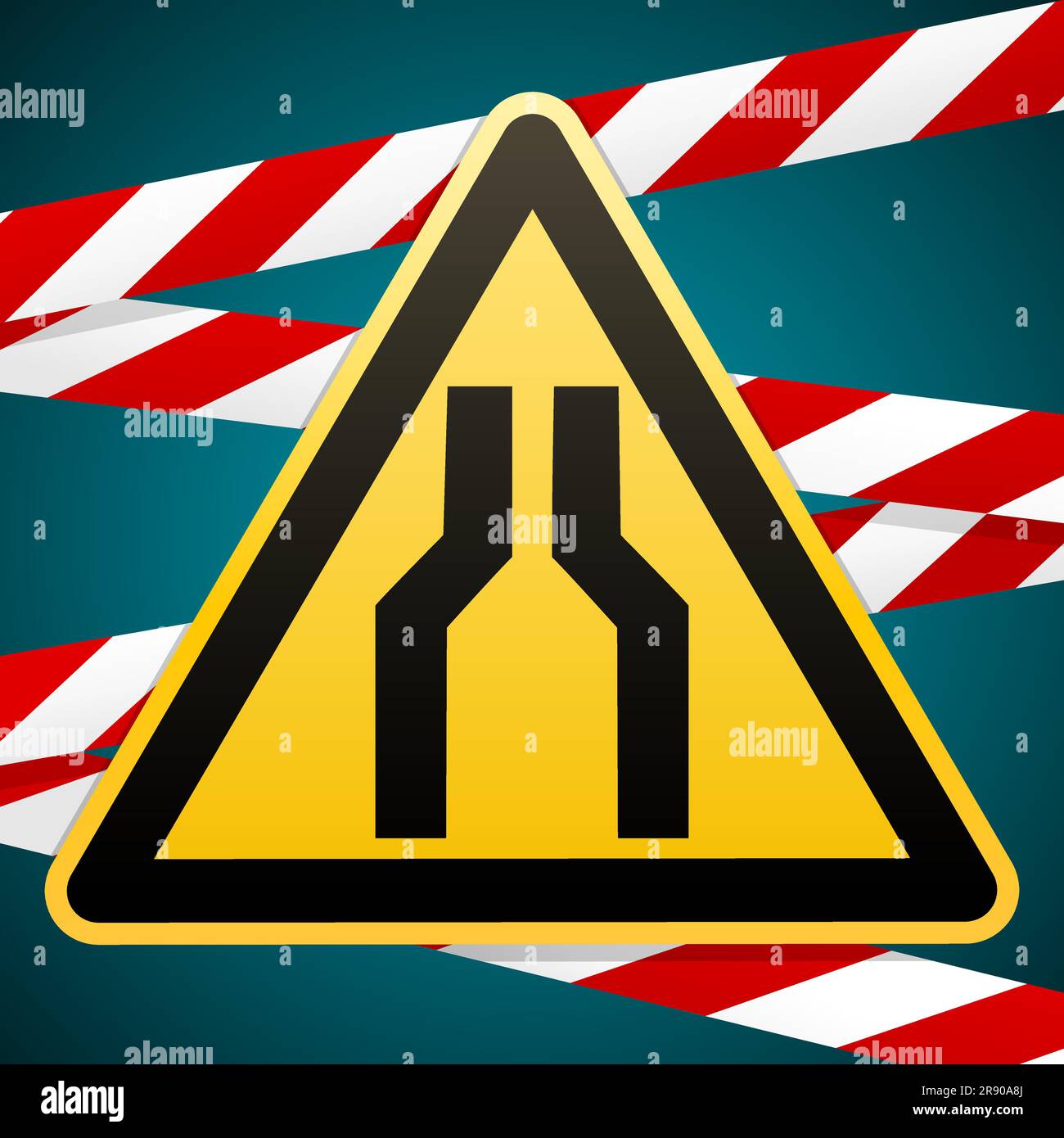 Caution - danger. Carefully narrow the passage. Warning sign. Yellow ...