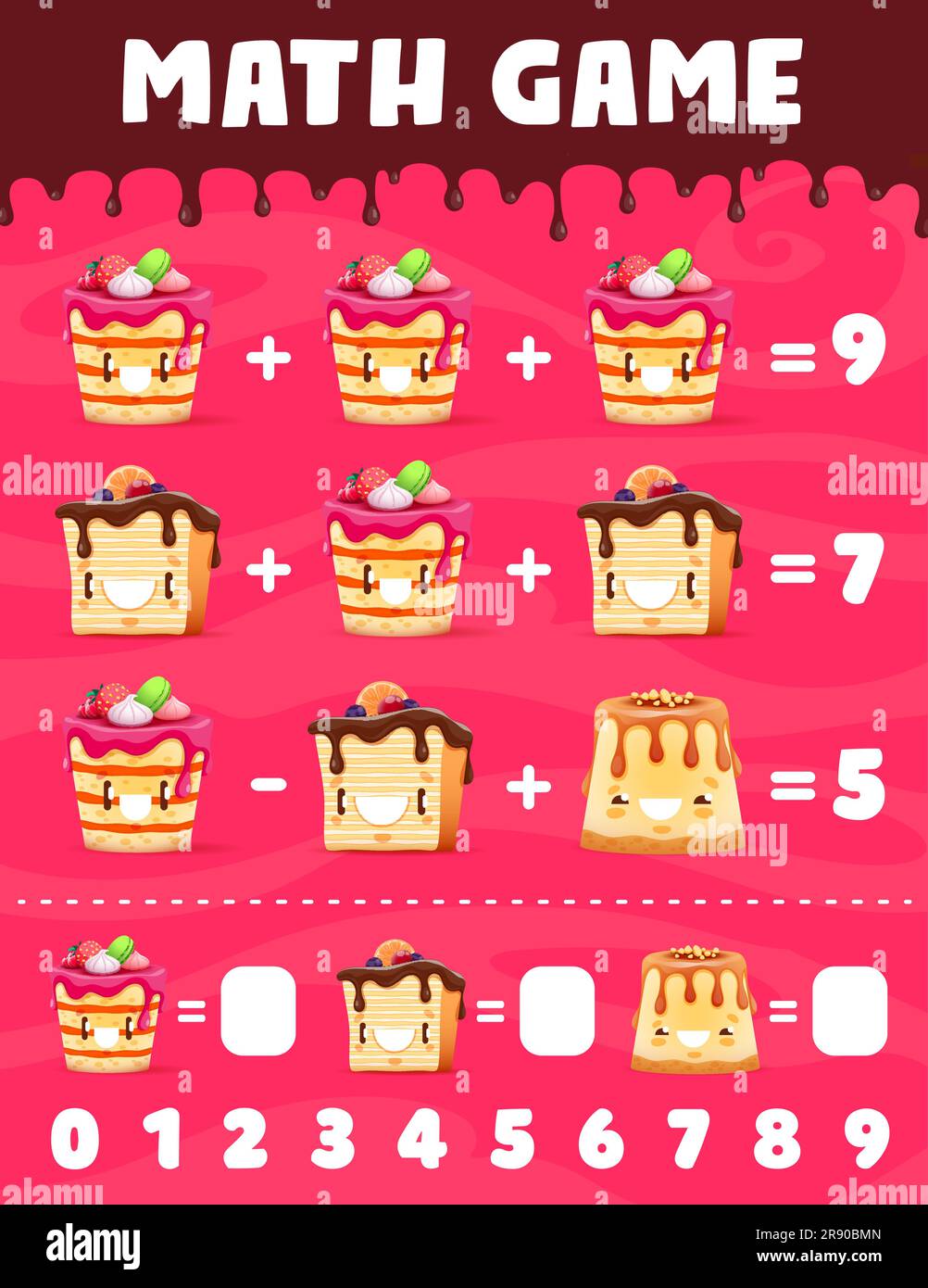 Math game worksheet cartoon cupcakes and pie characters. Vector ...