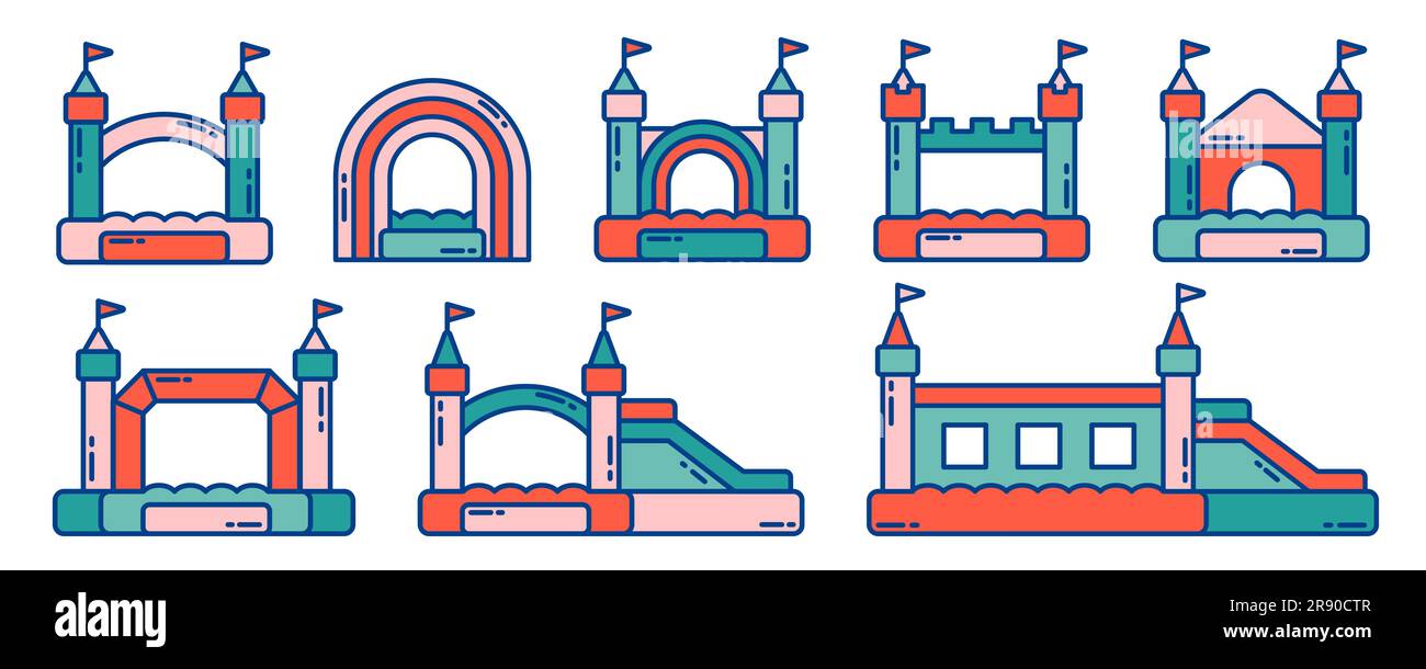Bouncy inflatable castle icons set. Vector trampoline pictograms for ... Bouncy inflatable castle icons set. Vector trampoline pictograms for ...
