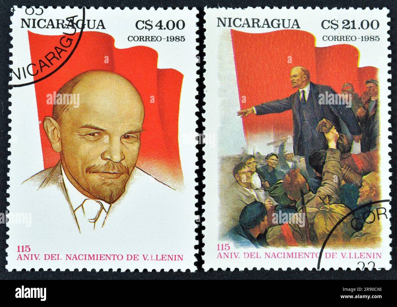 Cancelled postage stamps printed by Nicaragua, that show Vladimir Lenin (1870-1924), celebrating ...