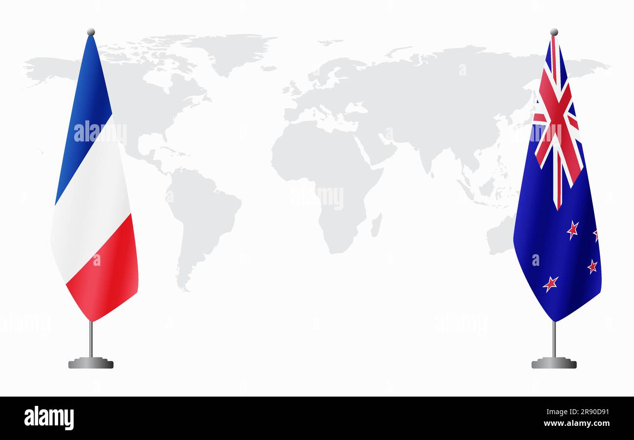 France and New Zealand flags for official meeting against background of ...