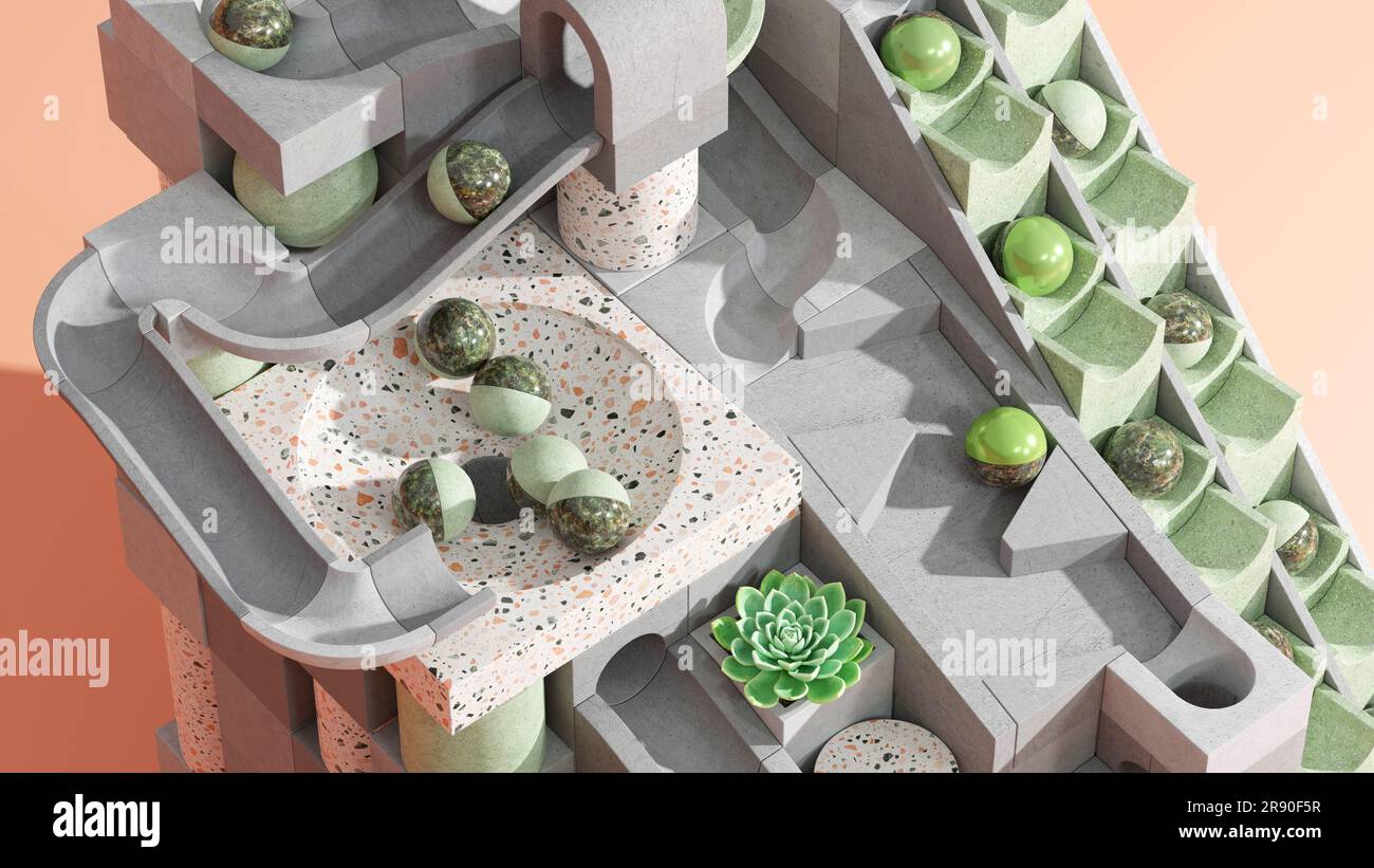 Marble run sculpture made in concrete and terrazzo. Marble machine with ...