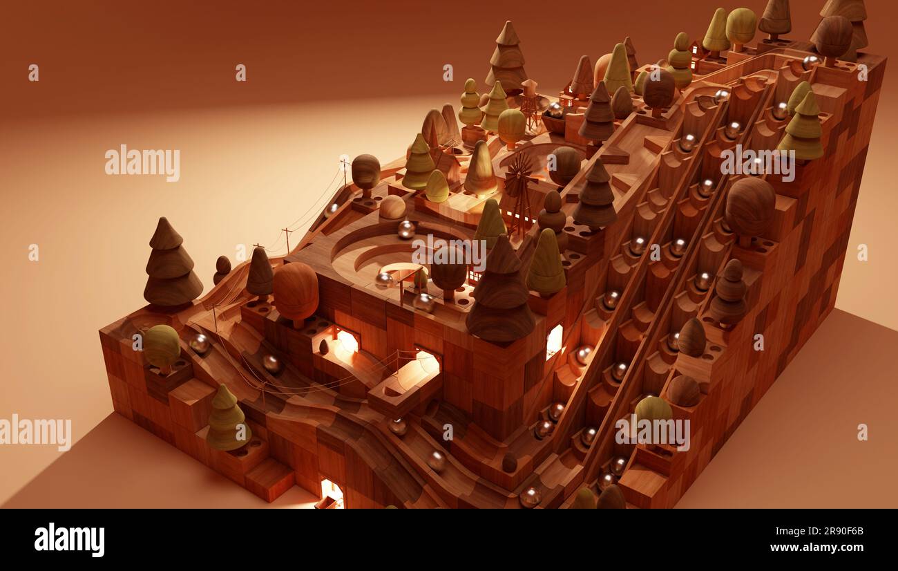 Vinatge wooden marble run toy with forest theme and warm lighting ...